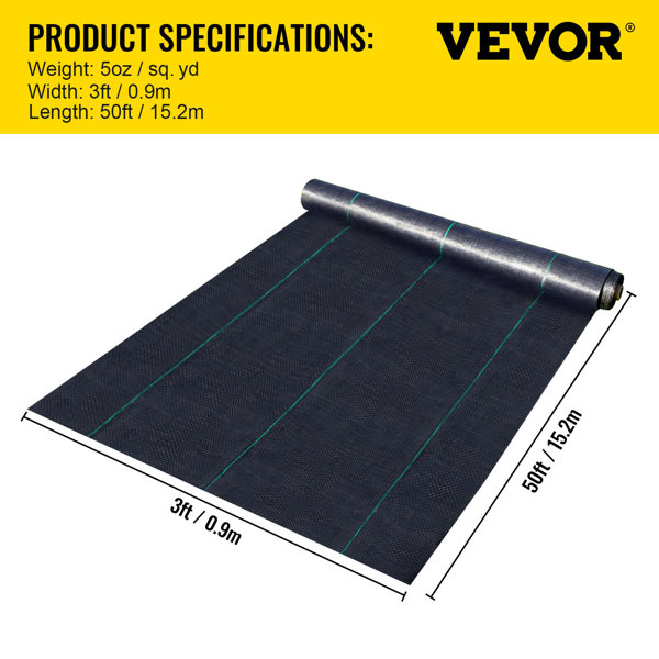 VEVOR Premium Weed Barrier Garden Landscape Fabric 5OZ PP Woven Weed Control Fabric Gardening ...